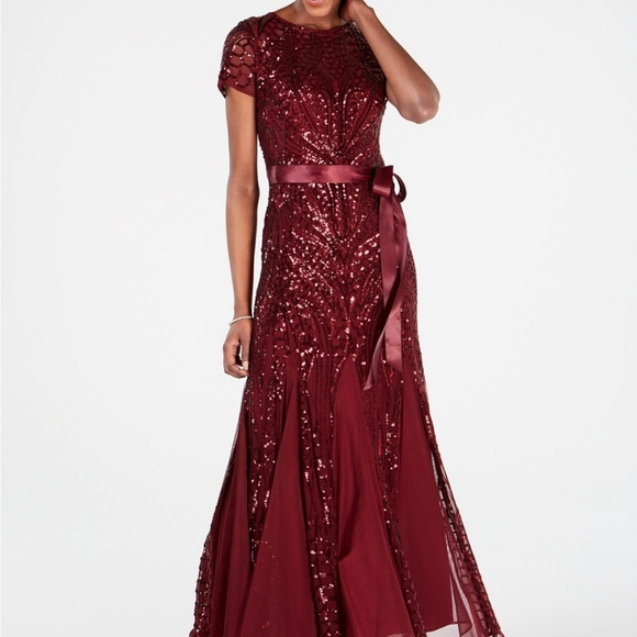 R & M Richards | Dresses | Sequin Embellished Pleated Gown Red Burgundy ...